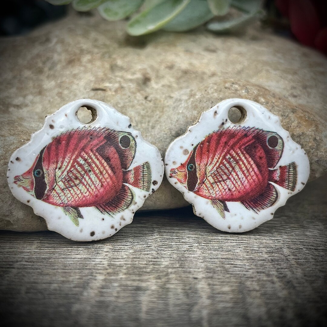 Fish Ceramic Charms, Artisan Fish Pendants, 2 Rustic Earring Components ...