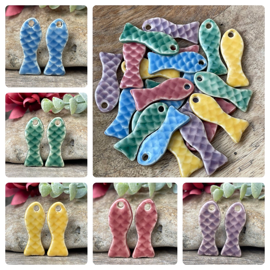 Fish Ceramic Charms, Rainbow Artisan Fish Pendants, 2 Fish Earring ...