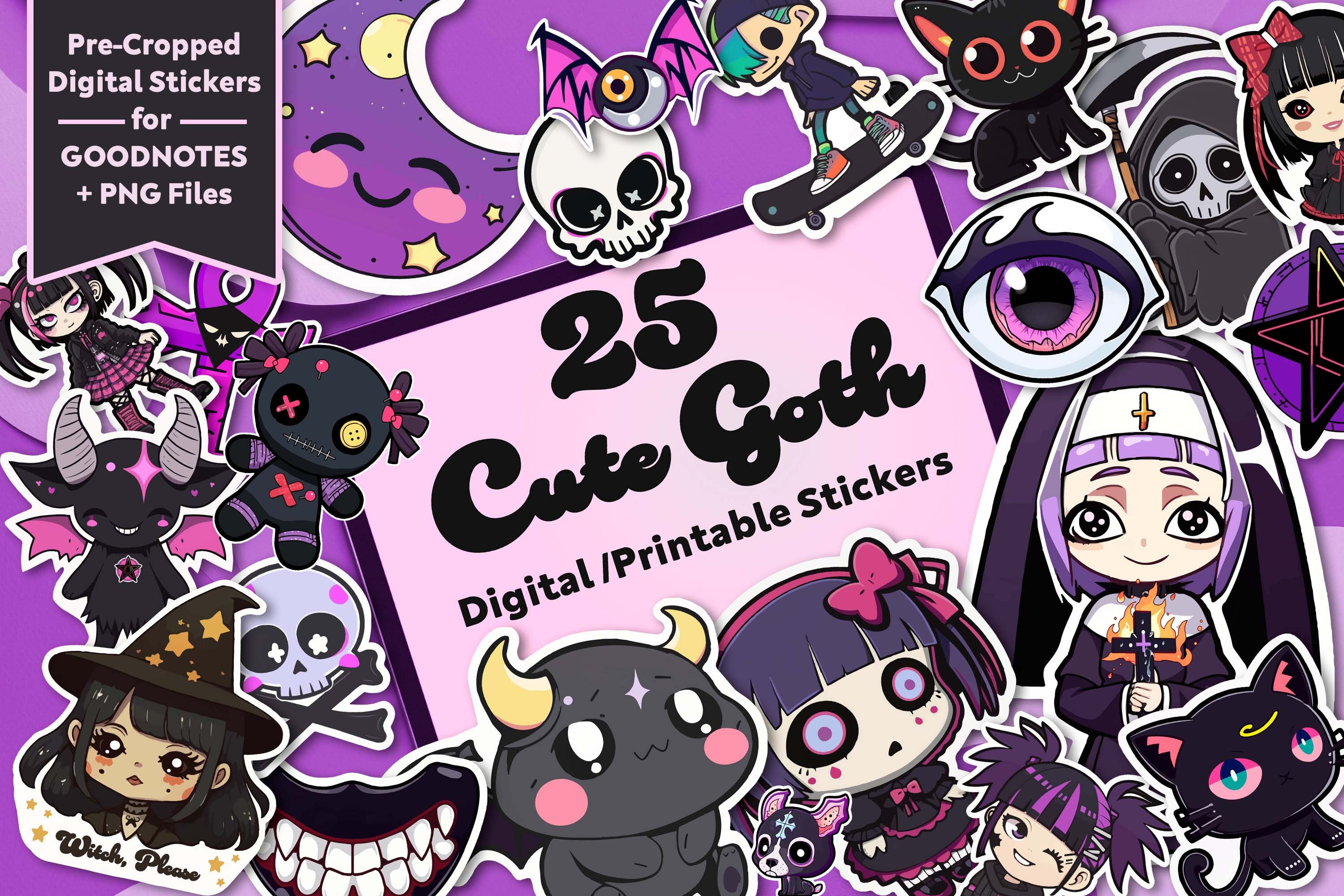 Kawaii Goth Digital Sticker Pack Cute Planner Stickers Dark Soul Dark ...