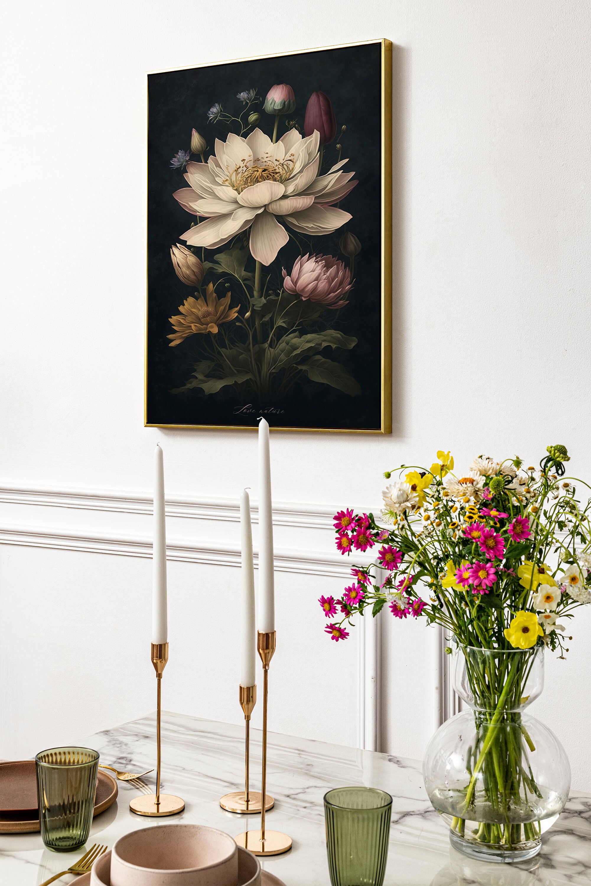 White Lotus Flower Bouquet Poster, Botanical Floral Print, Wall Art ...