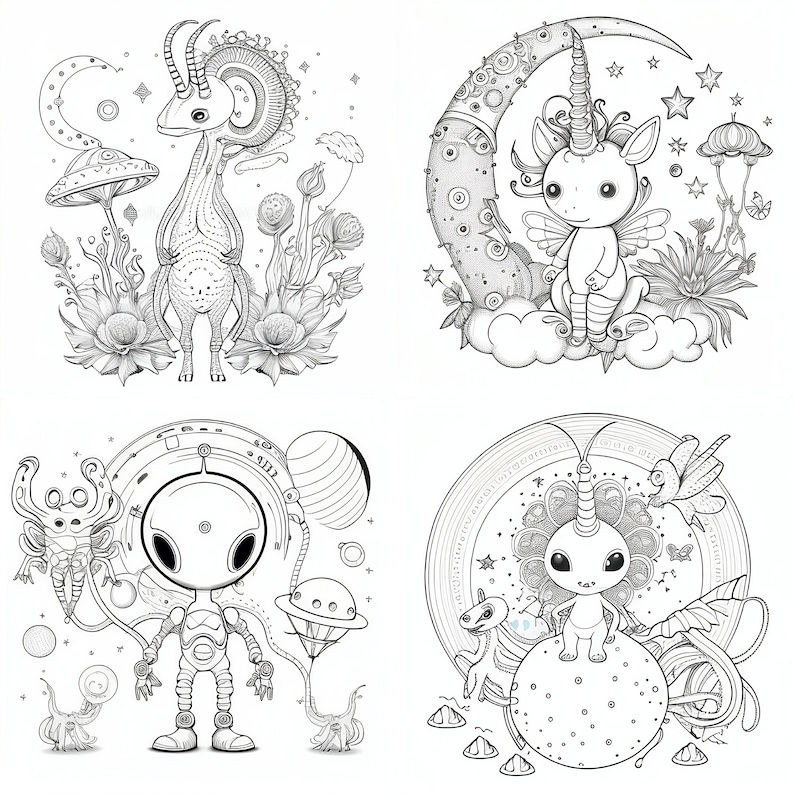 Alien Unicorn & Creatures (printable 10-page Kids Coloring Book) - Etsy