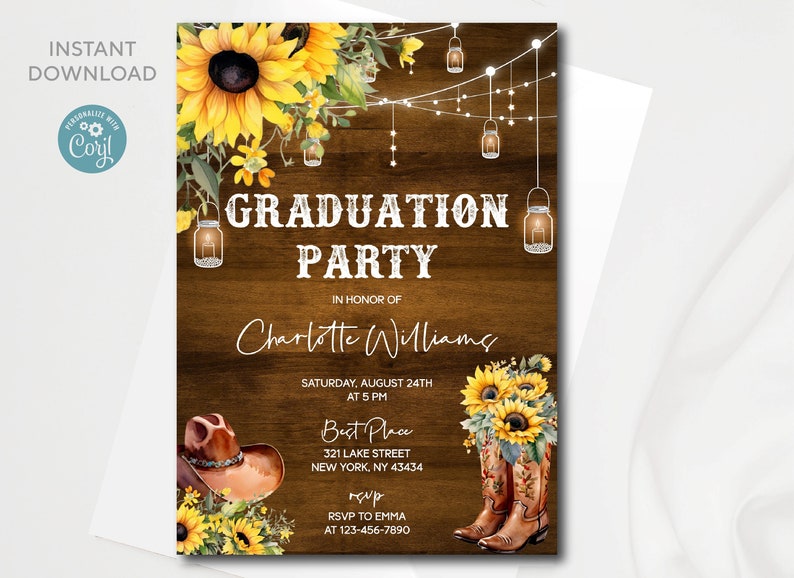 Western Graduation Party Invitation Editable Rustic Template - Etsy