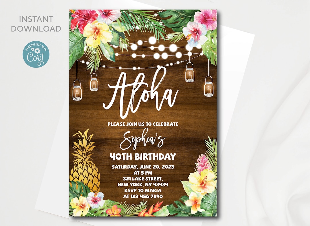 Plantilla De Invitación De Cumpleaños Aloha Editable Cualquier Edad