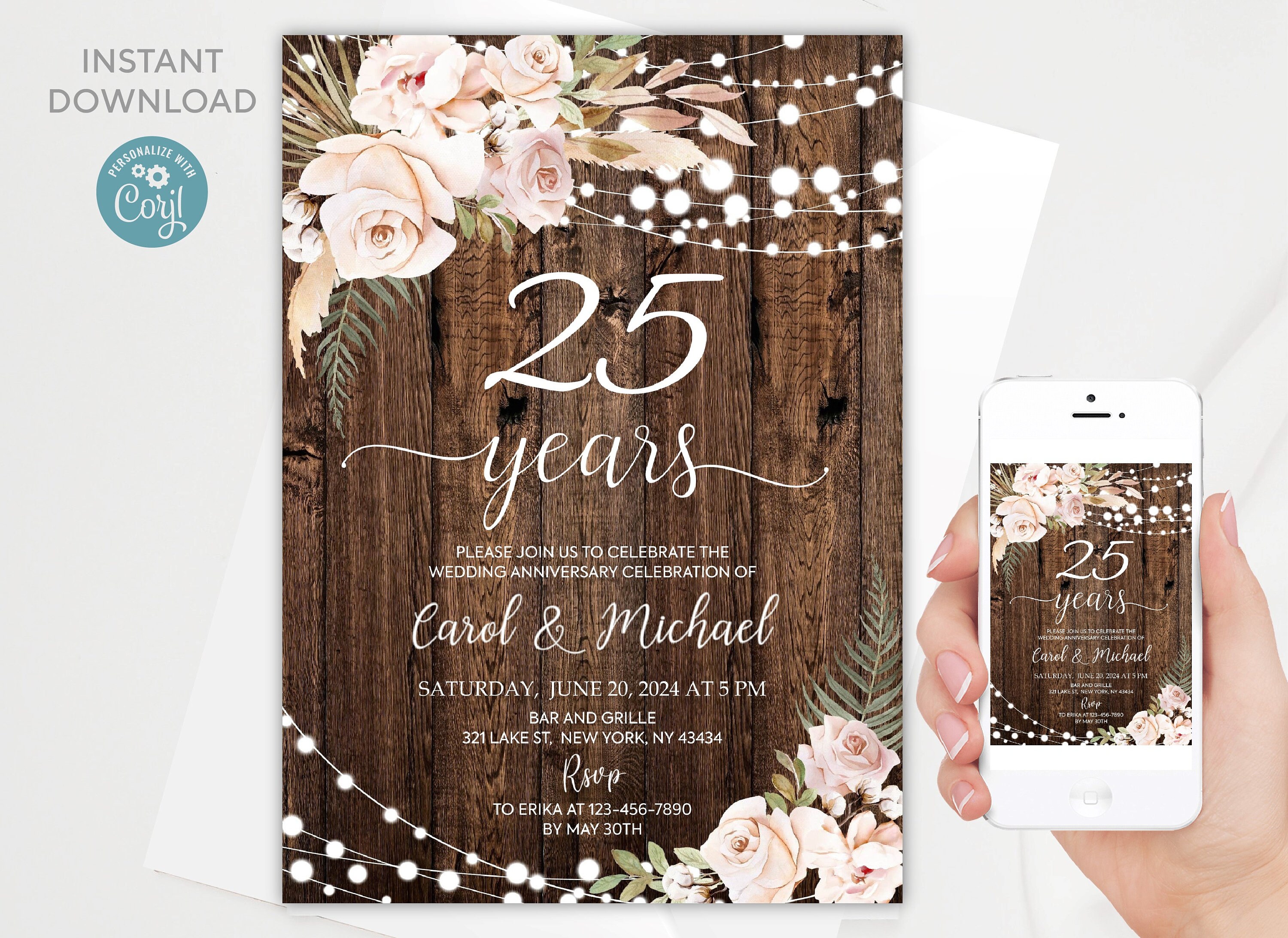 25th Wedding Anniversary Invitation Editable 25th Anniversary Invitation Template Rustic Casual Invitation Instant Download Etsy