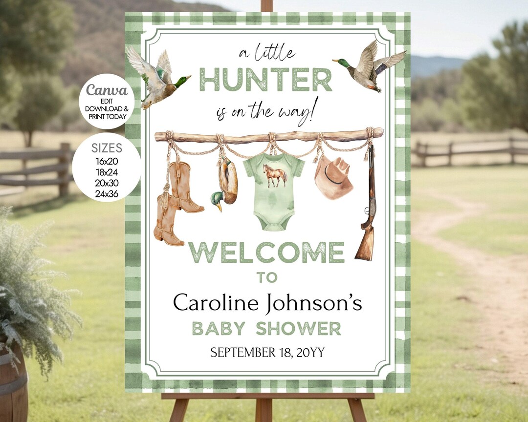 Little Hunter Baby Shower Welcome Sign, Editable Rustic Duck Hunting ...
