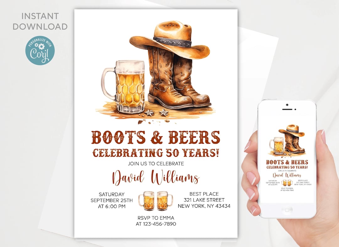 Editable Western Boots and Beers 50th Birthday Invitation | White ...