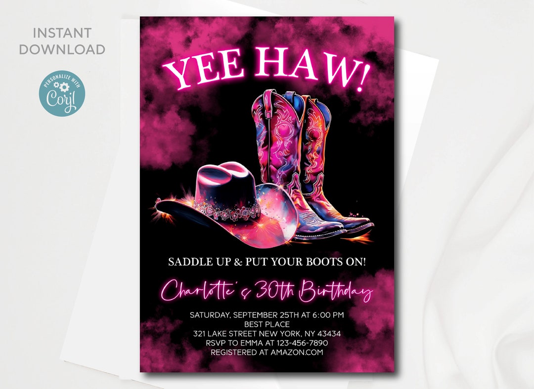 Editable Western Cowgirl Pink Neon Birthday Invitation | Neon 30th ...