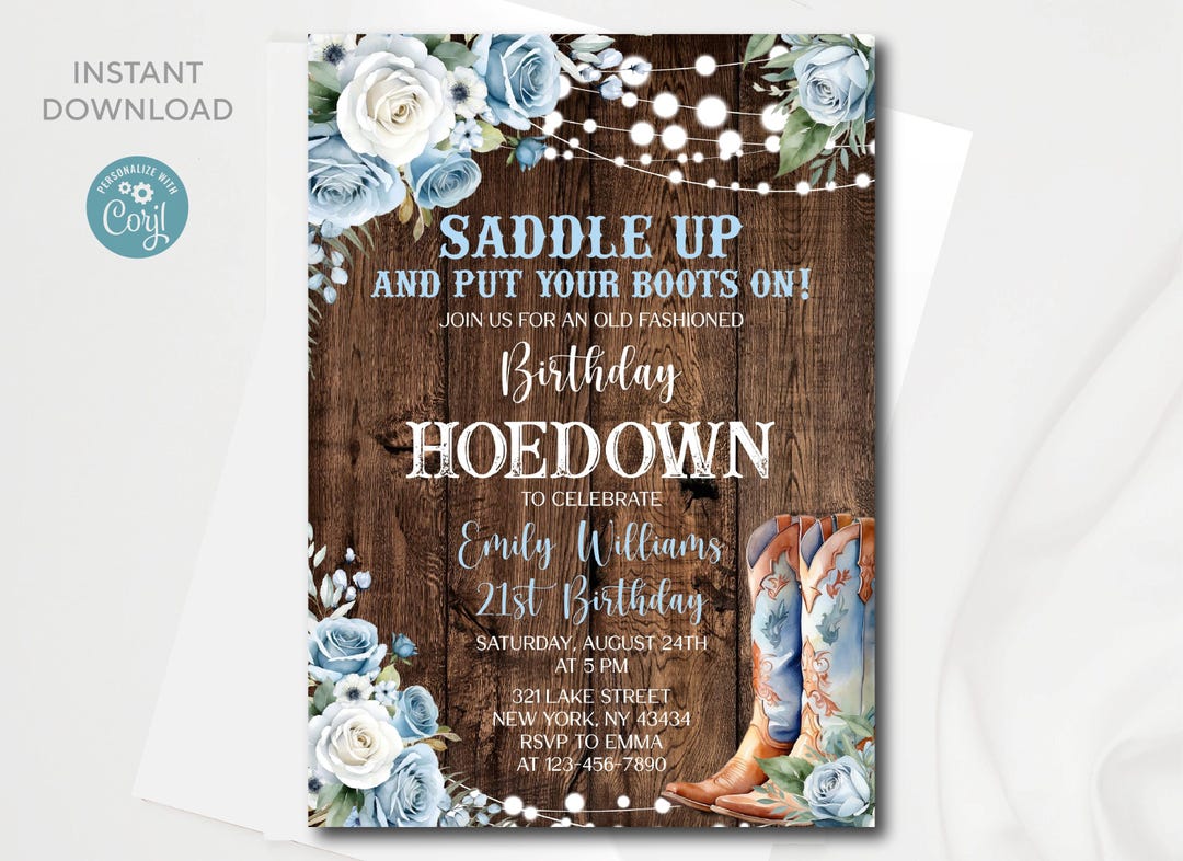 Editable Western Hoedown Birthday Party Invitation | Cowgirl Blue ...