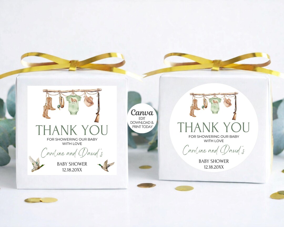 Little Hunter Baby Shower Thank You Sticker, Editable Canva Favor Tag ...