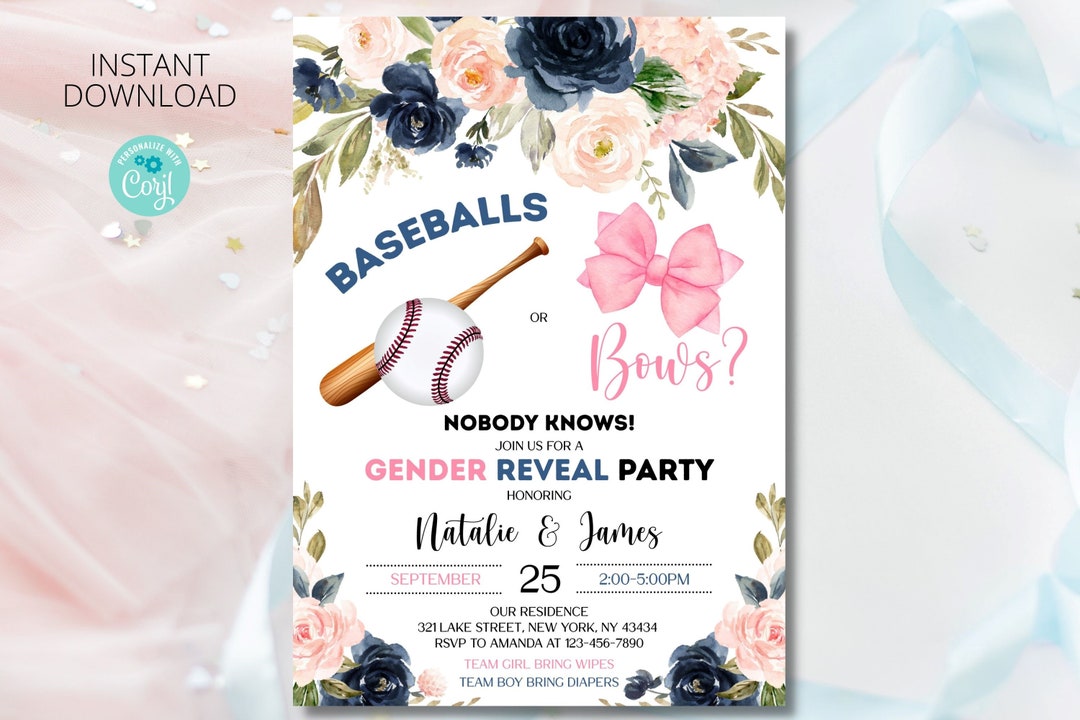 Editable Baseballs or Bows Gender Reveal Invitation Digital Template ...
