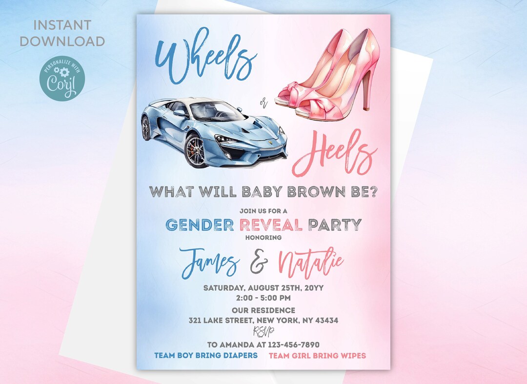 Wheels or Heels Gender Reveal Invitation: Editable Template (digital ...