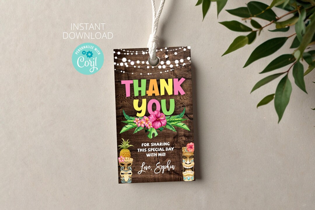 Editable Hawaiian Tiki Time Thank You Tags 2"x3.5" | Aloha Birthday ...