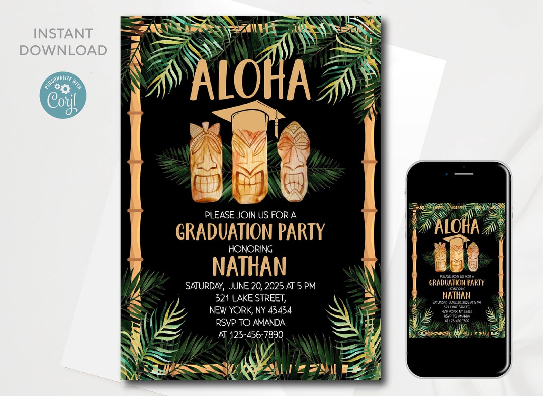 Editable Hawaiian Graduation Party Invitation | Tiki Gods Graduation ...