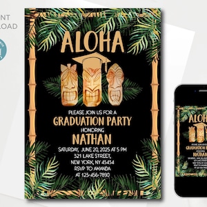 Editable Hawaiian Graduation Party Invitation | Tiki Gods Graduation ...