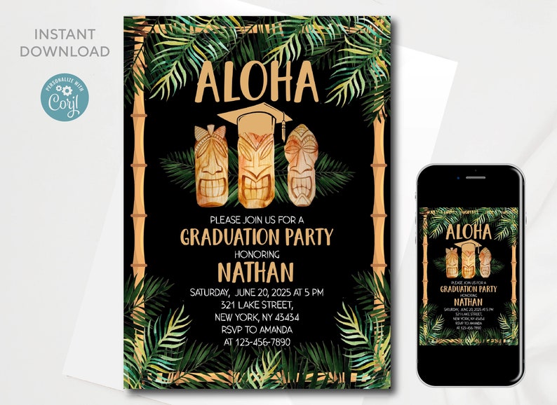 Editable Hawaiian Graduation Party Invitation Tiki Gods Graduation ...