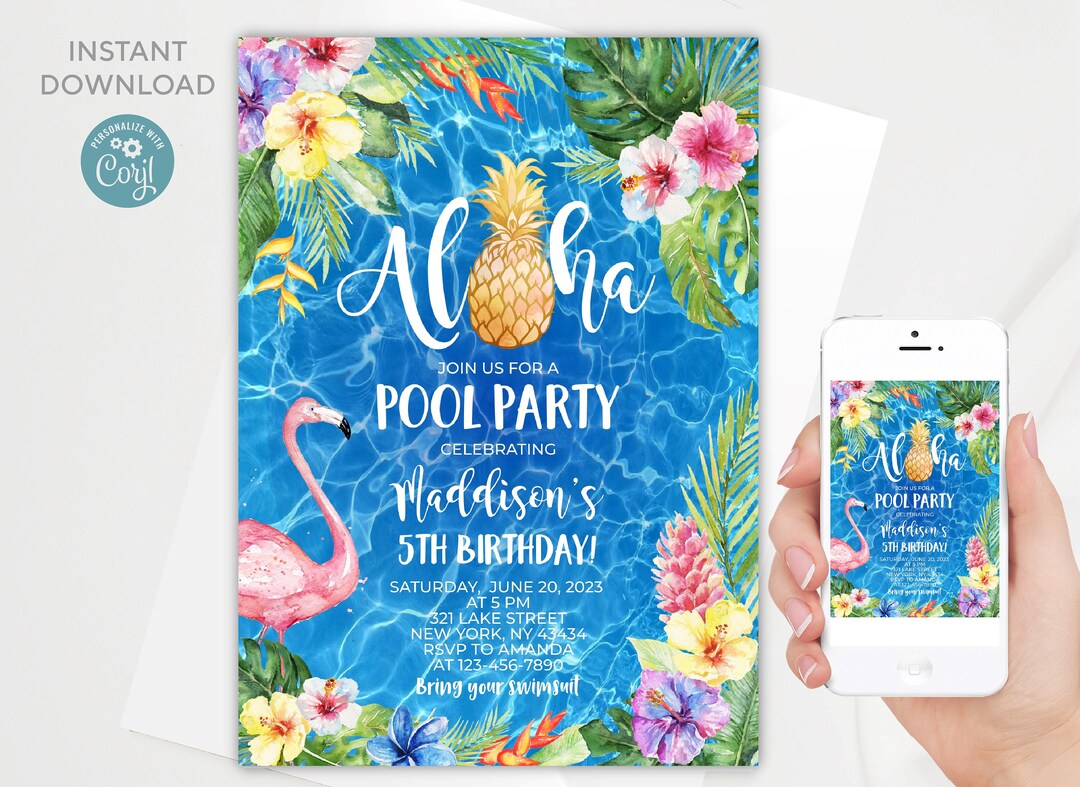 Editable Aloha Pool Party Invitation Template | Birthday Invitation ...