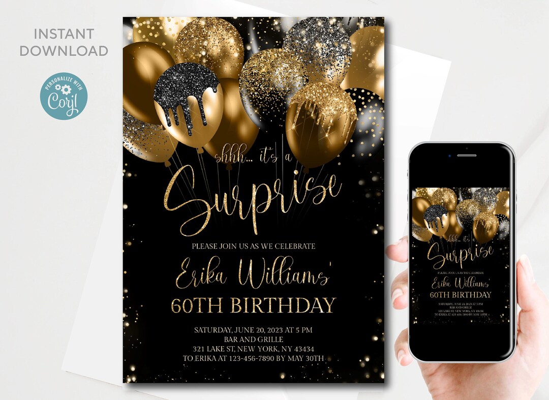 Surprise 60th Birthday Invitation: Black Gold Balloons (editable ...