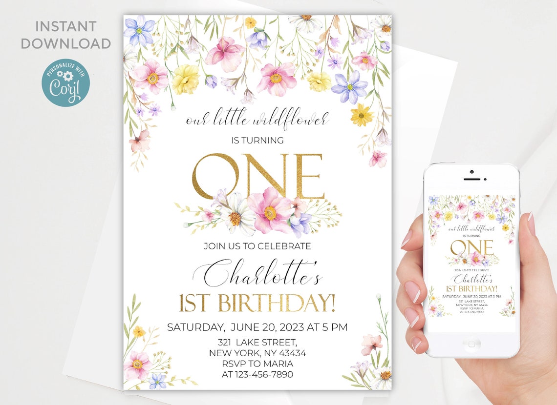 Wildflower 1st Birthday Invitation Editable Template Boho - Etsy