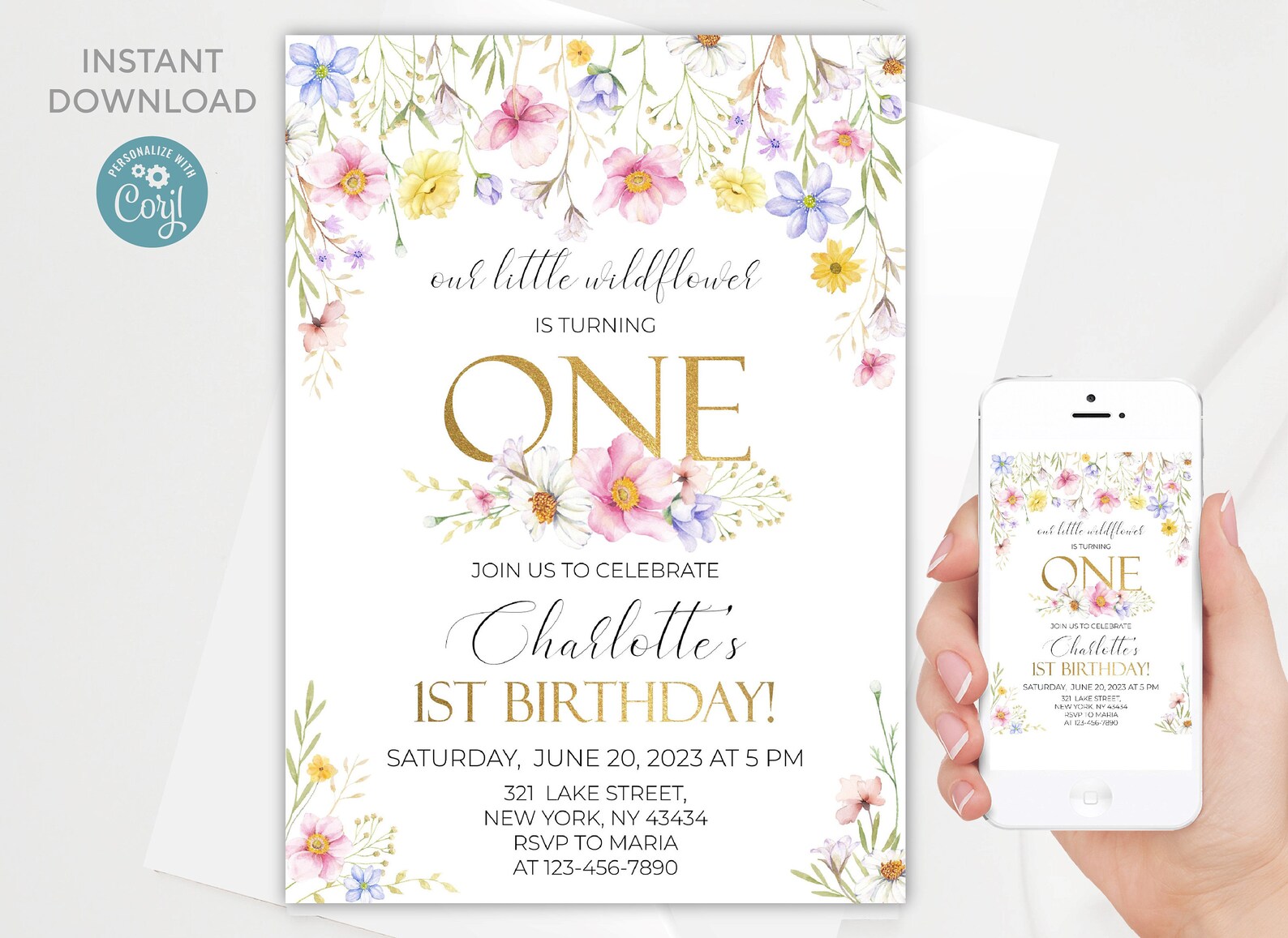 Wildflower 1st Birthday Invitation Editable Template Boho - Etsy