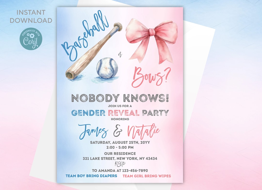 Editable Baseballs or Bows Gender Reveal Invitation | Baseball or Bows ...