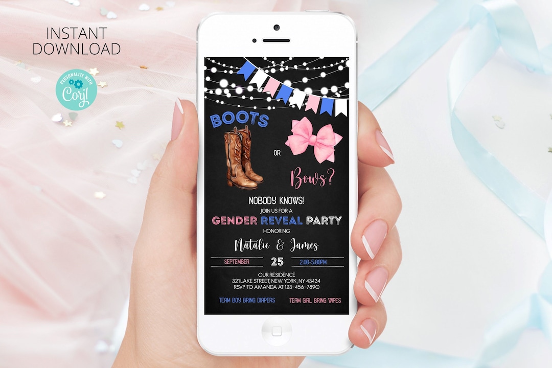 Boots or Bows Gender Reveal Invitation | Editable Digital Template ...