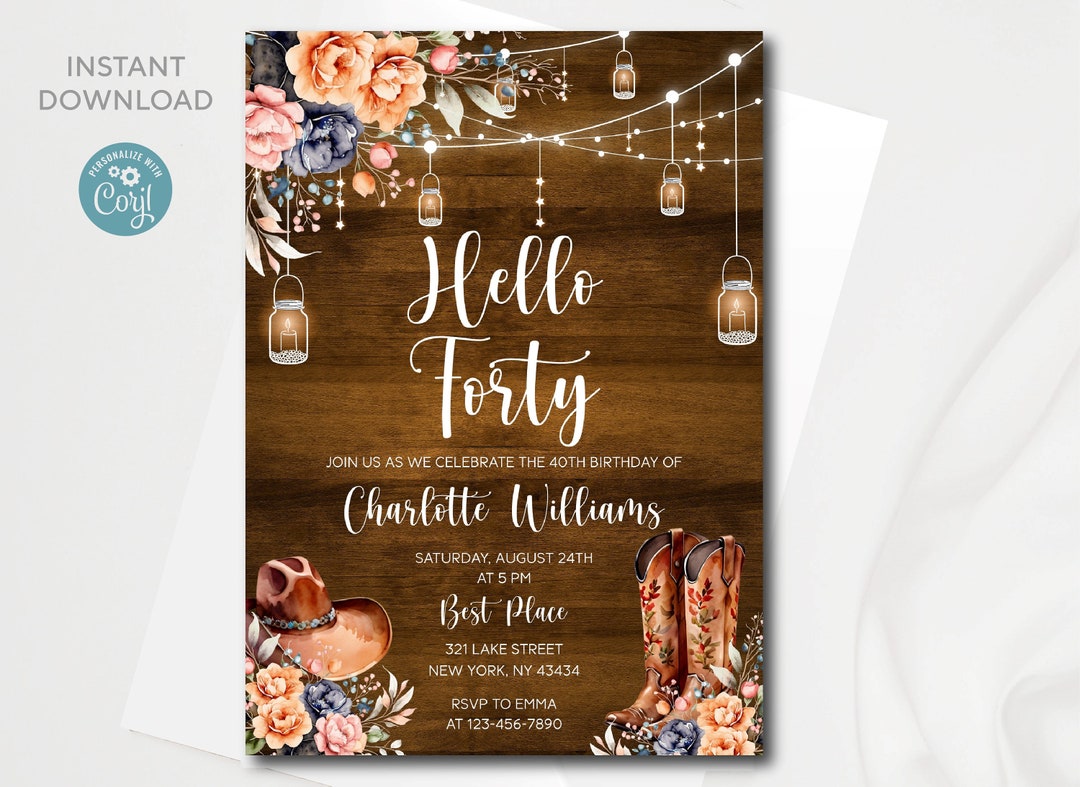 Western Hello Forty Cowgirl Birthday Invitation | Editable Digital ...