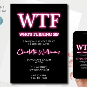 Editable 50th Birthday Invitation Template | Printable Neon Pink ...