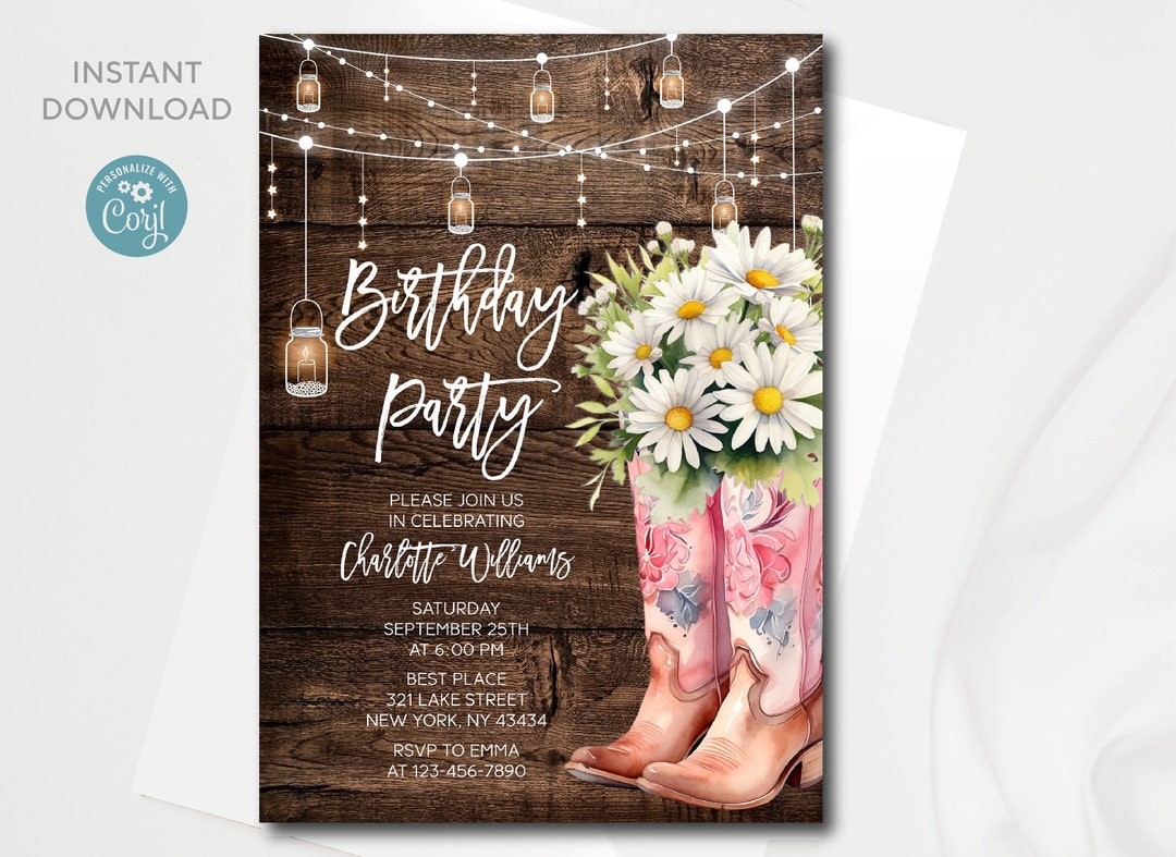 Cowgirl Birthday Party Invitation: Daisies & Mason Jar (digital ...