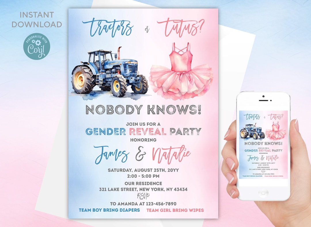 Editable Tractors or Tutus Gender Reveal Invitation | Tractor or Tutus ...