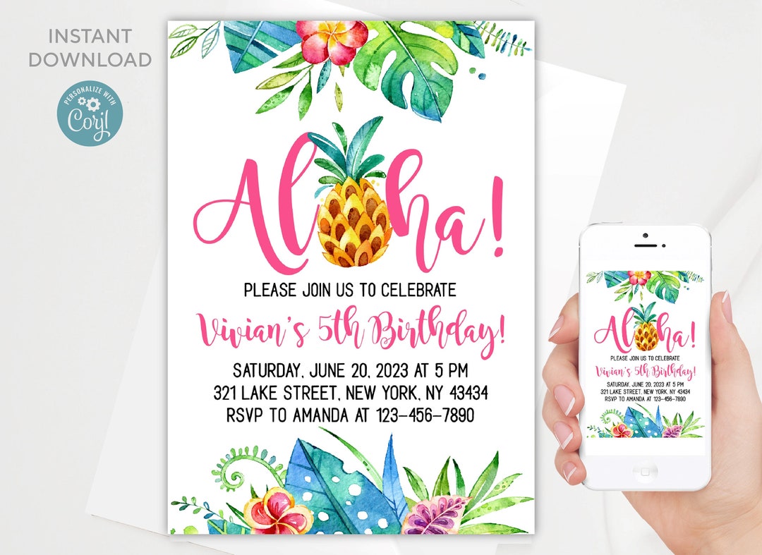 Editable Aloha Birthday Invitation Hawaiian Baby Birthday Invitation ...