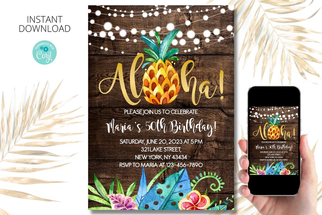 Editable Aloha Birthday Invitation Template, Hawaiian Pineapple ...