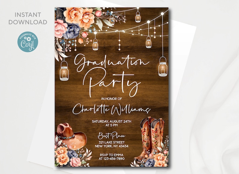 Western Graduation Party Invitation Editable Rustic Template - Etsy