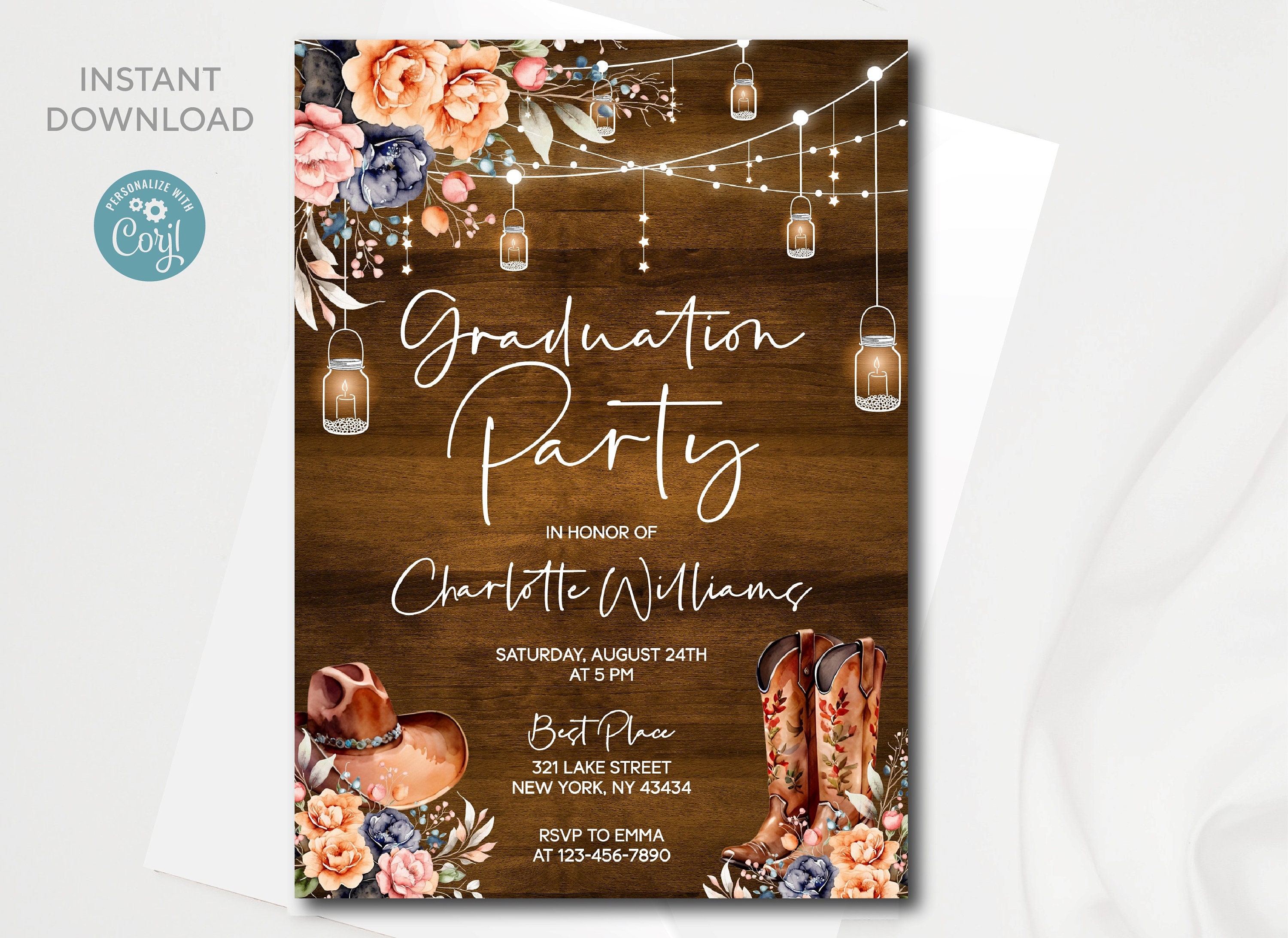 Western Graduation Party Invitation Editable Rustic Template - Etsy