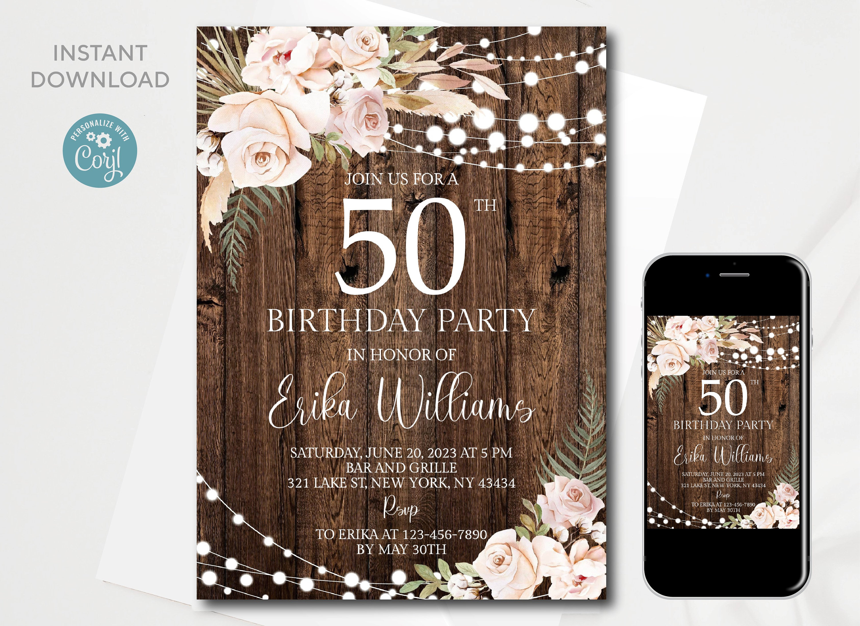 Editable 50th Birthday Invitation Digital Template All Text - Etsy