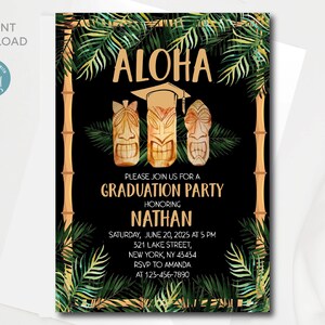 Editable Hawaiian Graduation Party Invitation | Tiki Gods Graduation ...