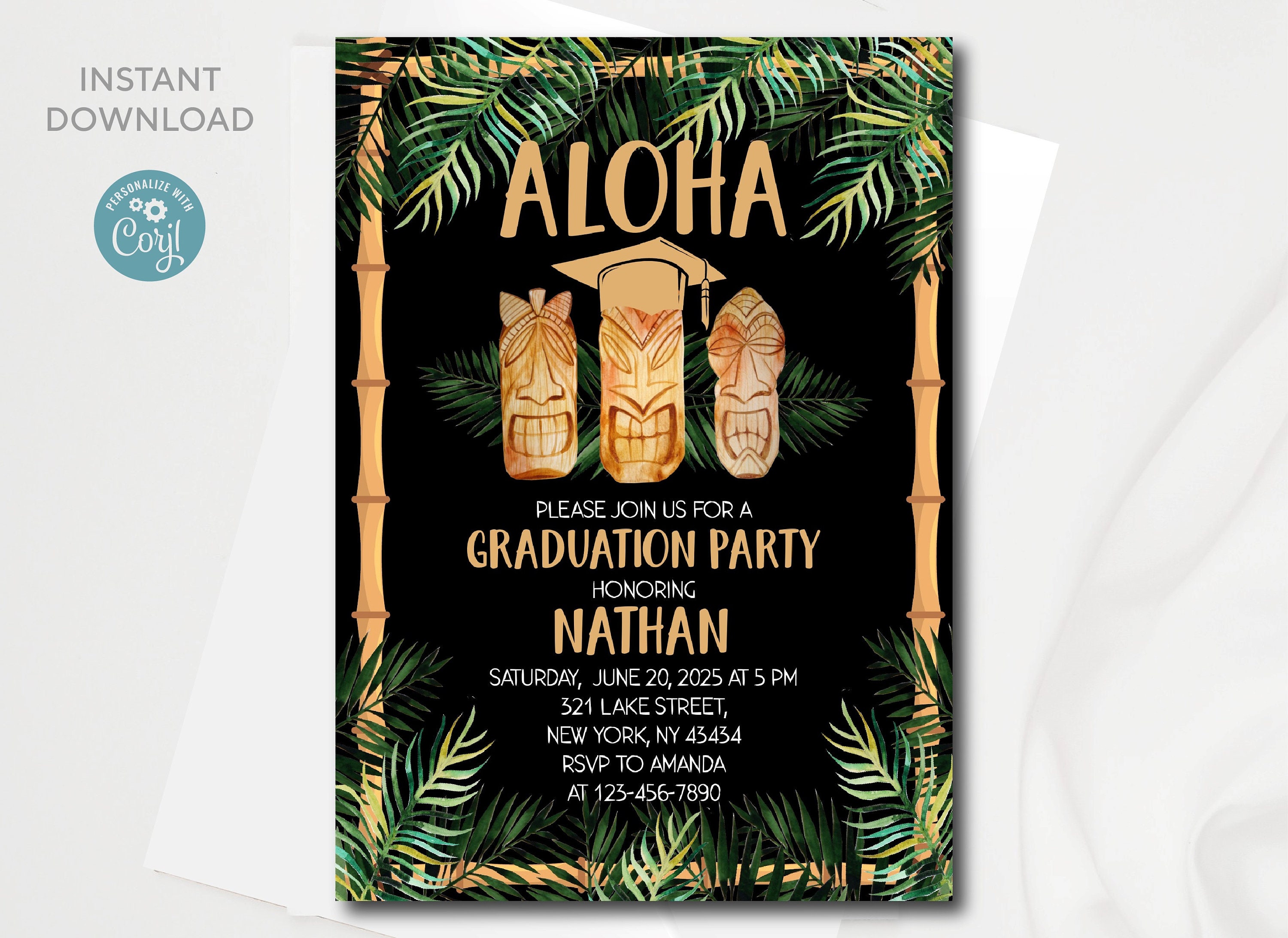Editable Hawaiian Graduation Party Invitation Tiki Gods Graduation ...