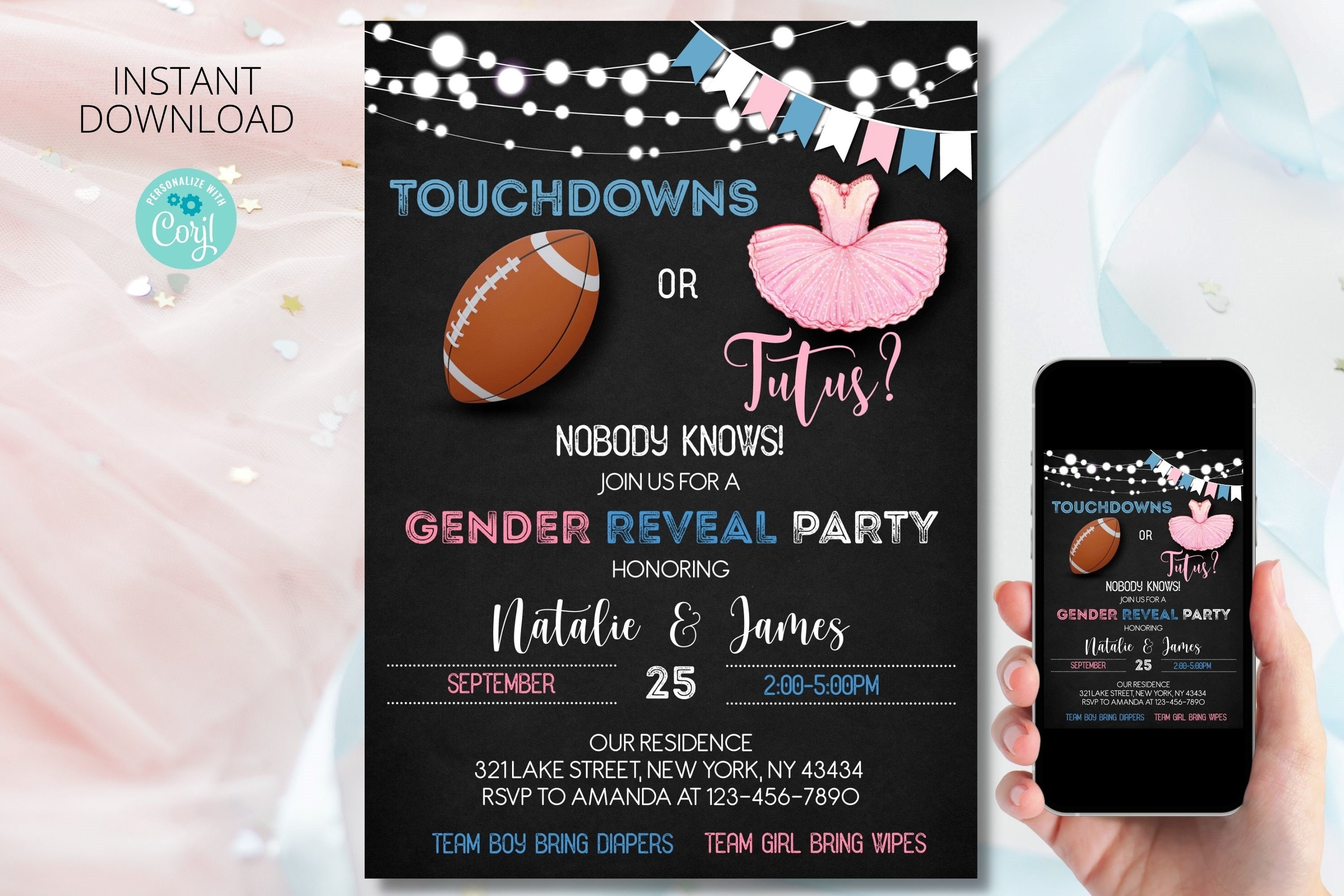 Touchdowns or Tutus Gender Reveal Invitation Digital Template - Etsy