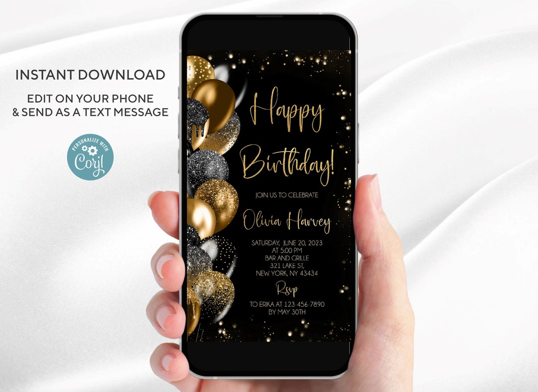 Editable Electronic Happy Birthday Invitation Template | Black Gold ...