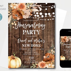Editable Fall Rustic Housewarming Party Invitation Template With Autumn ...