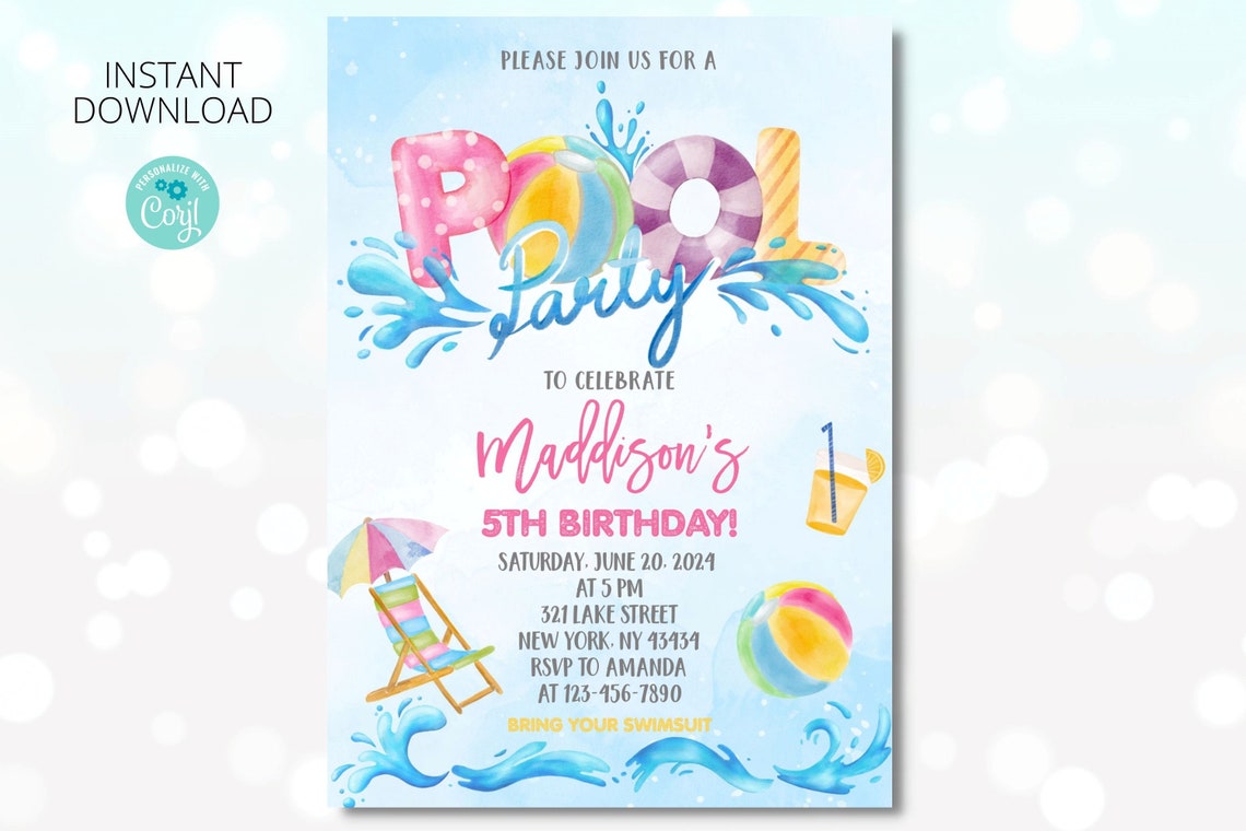 Editable Pool Party Invitation Template Birthday Party - Etsy