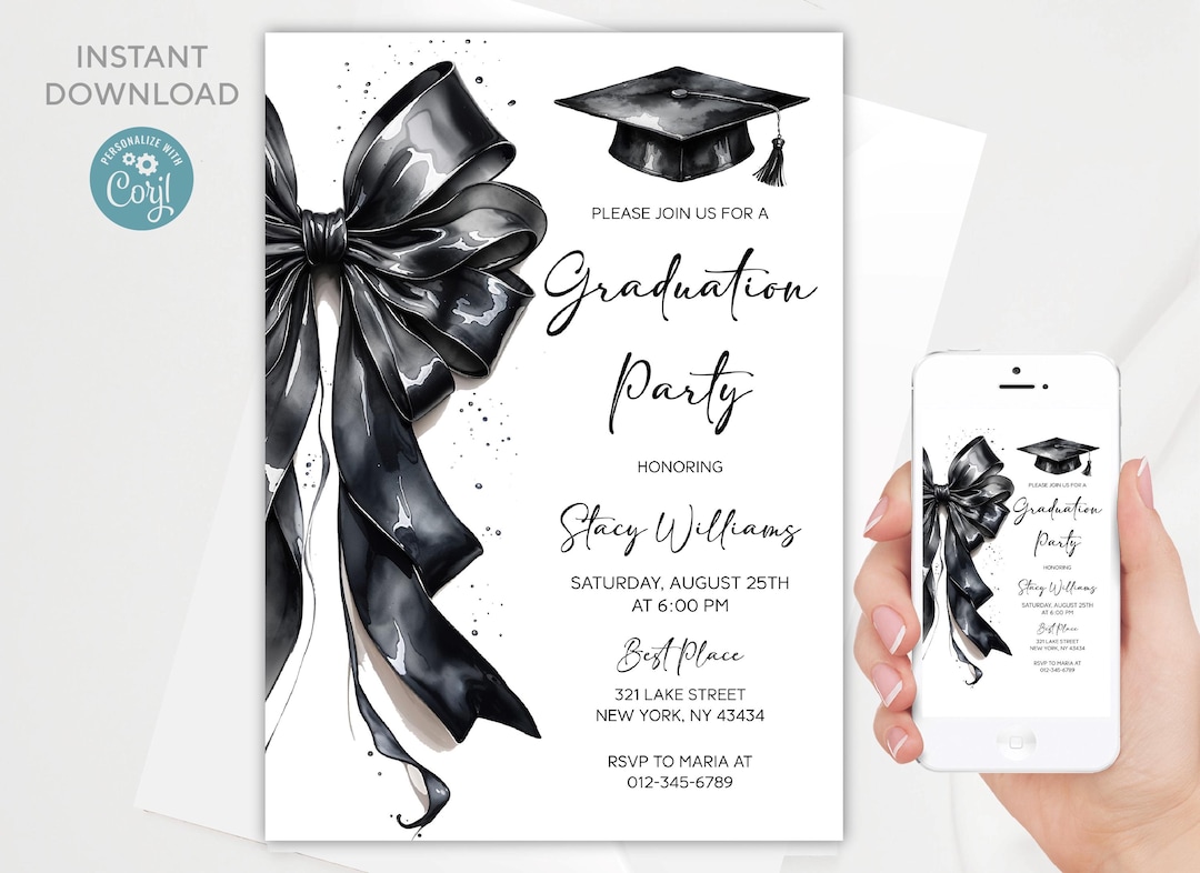 Black Bow Graduation Party Invitation Template (digital Download) - Etsy