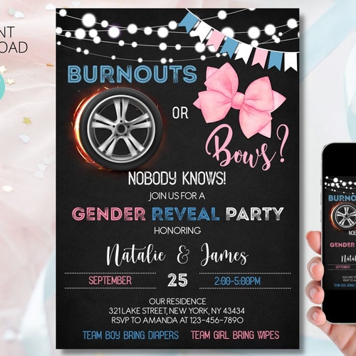 Burnouts Or Bows Gender Reveal Invitation Digital Template Etsy