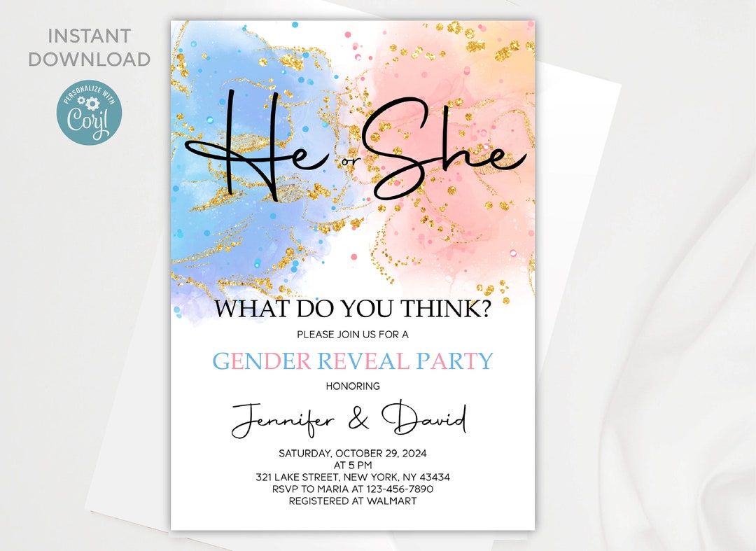 Editable He or She Gender Reveal Invitation Template (digital Download ...