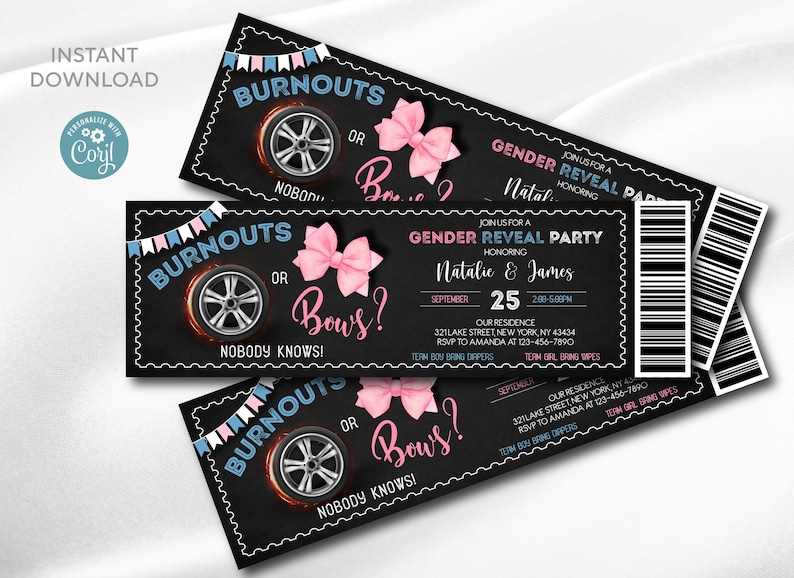Burnouts Or Bows Gender Reveal Ticket Invitation Digital Etsy
