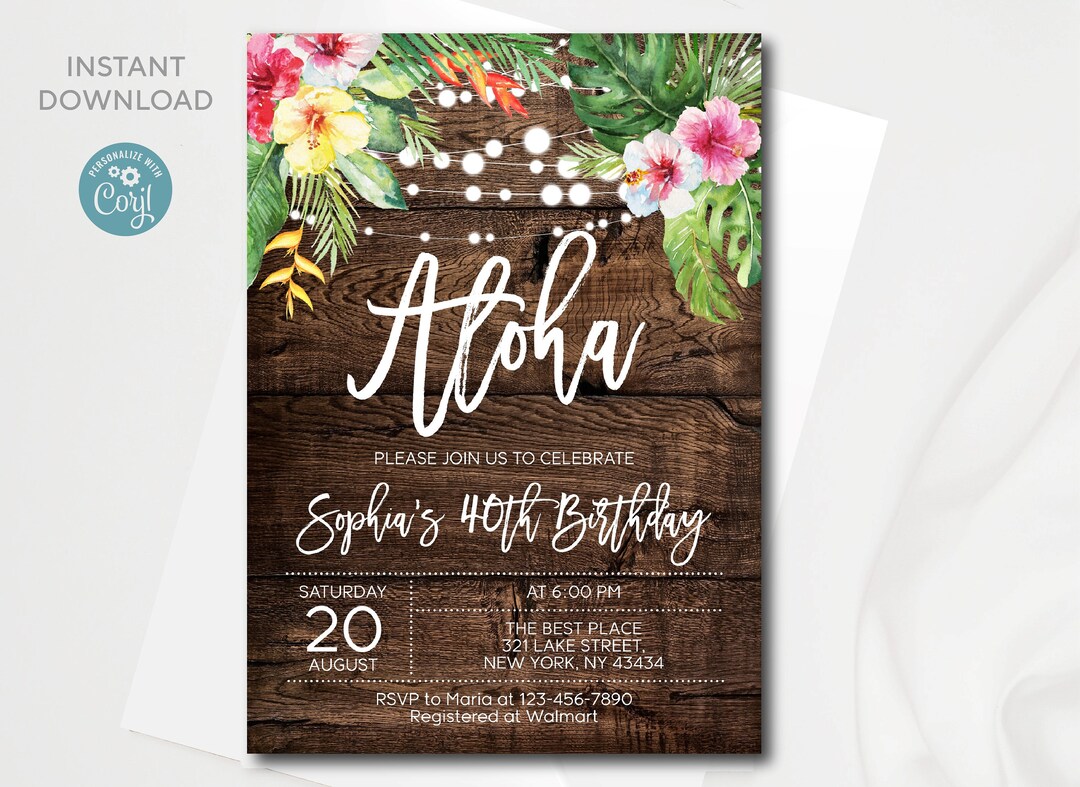 Aloha Birthday Invitation Template: Editable Luau Party (digital ...