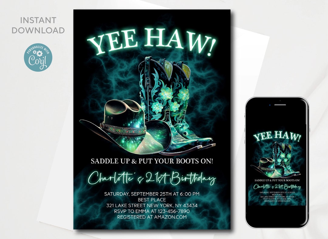 Editable Western Cowgirl Teal Green Neon Birthday Invitation | Neon ...