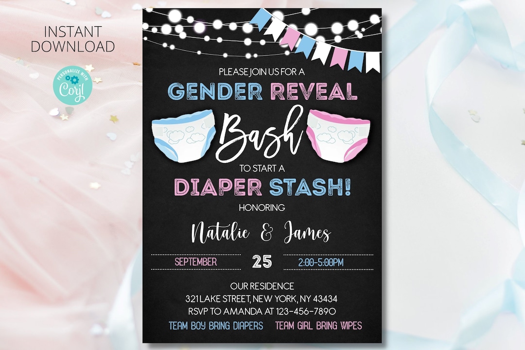 Editable Gender Reveal Diaper Invitation: Baby Shower Invite (digital ...