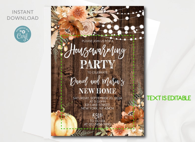 Editable Fall Rustic Housewarming Party Invitation Template With Autumn ...