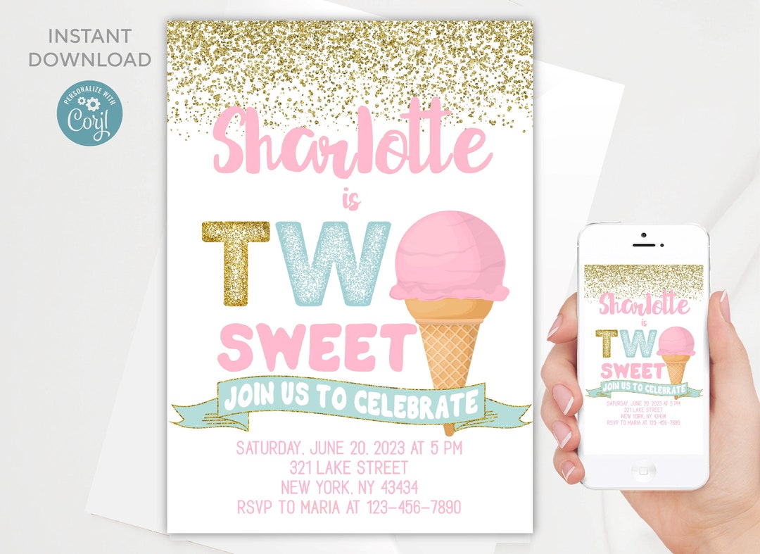 Editable Two Sweet Birthday Invitation Template Two Sweet Ice Cream ...