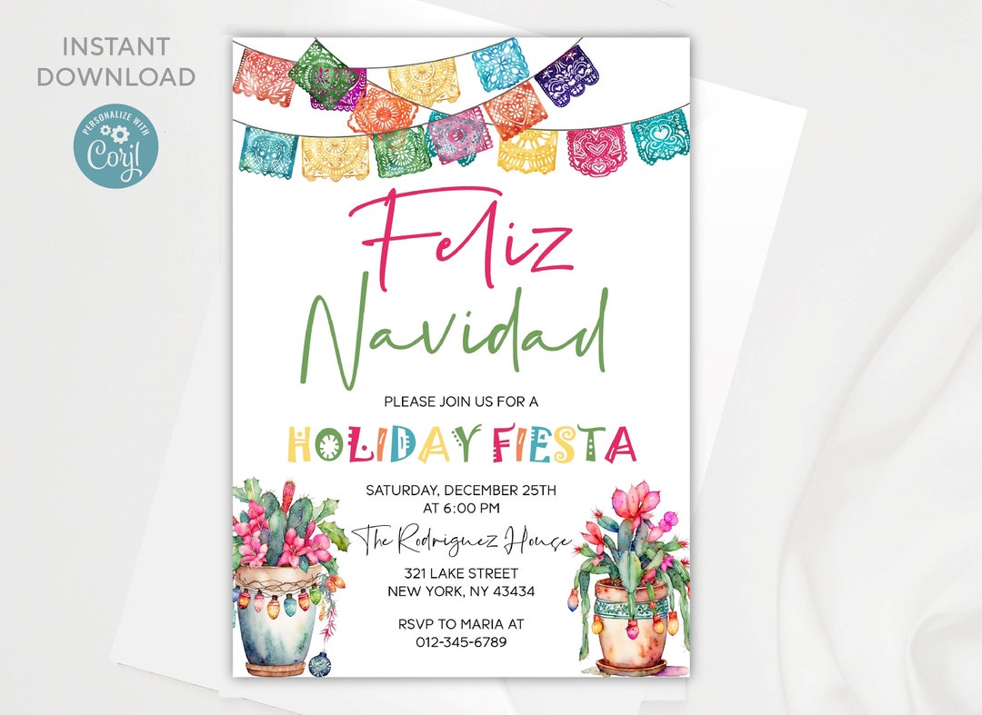 Feliz Navidad Invitation Template White Background | Editable Mexican Christmas Party Invitation ...